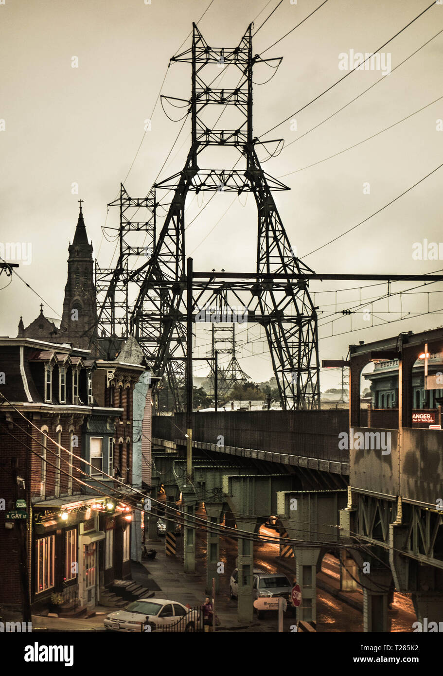 Manayunk; Philadelphia; Pensylvannia, electrial tower over train tracks ...