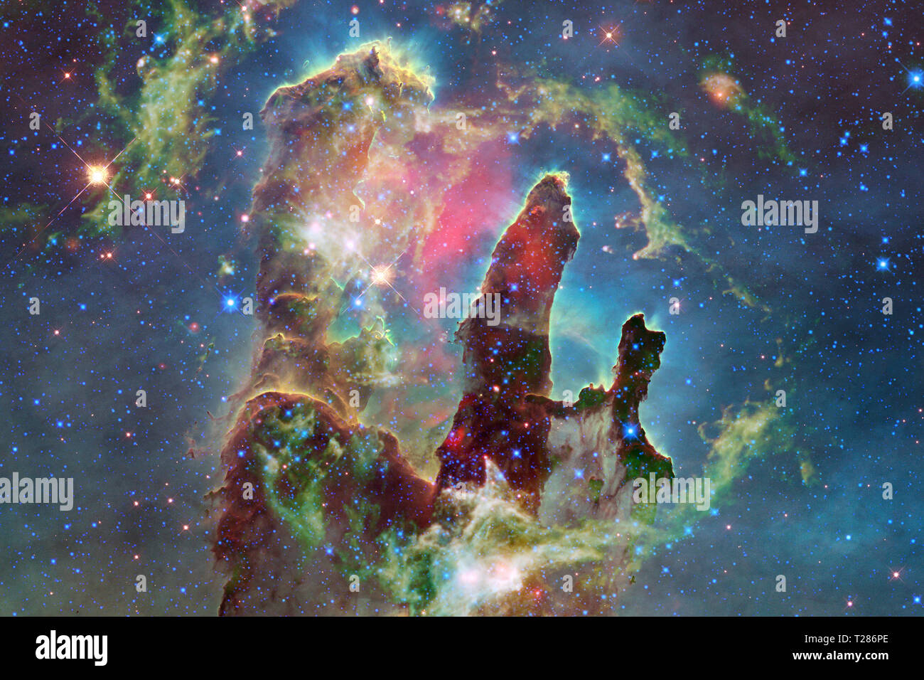 Universe scene with bright stars and galaxies in deep space showing the ...