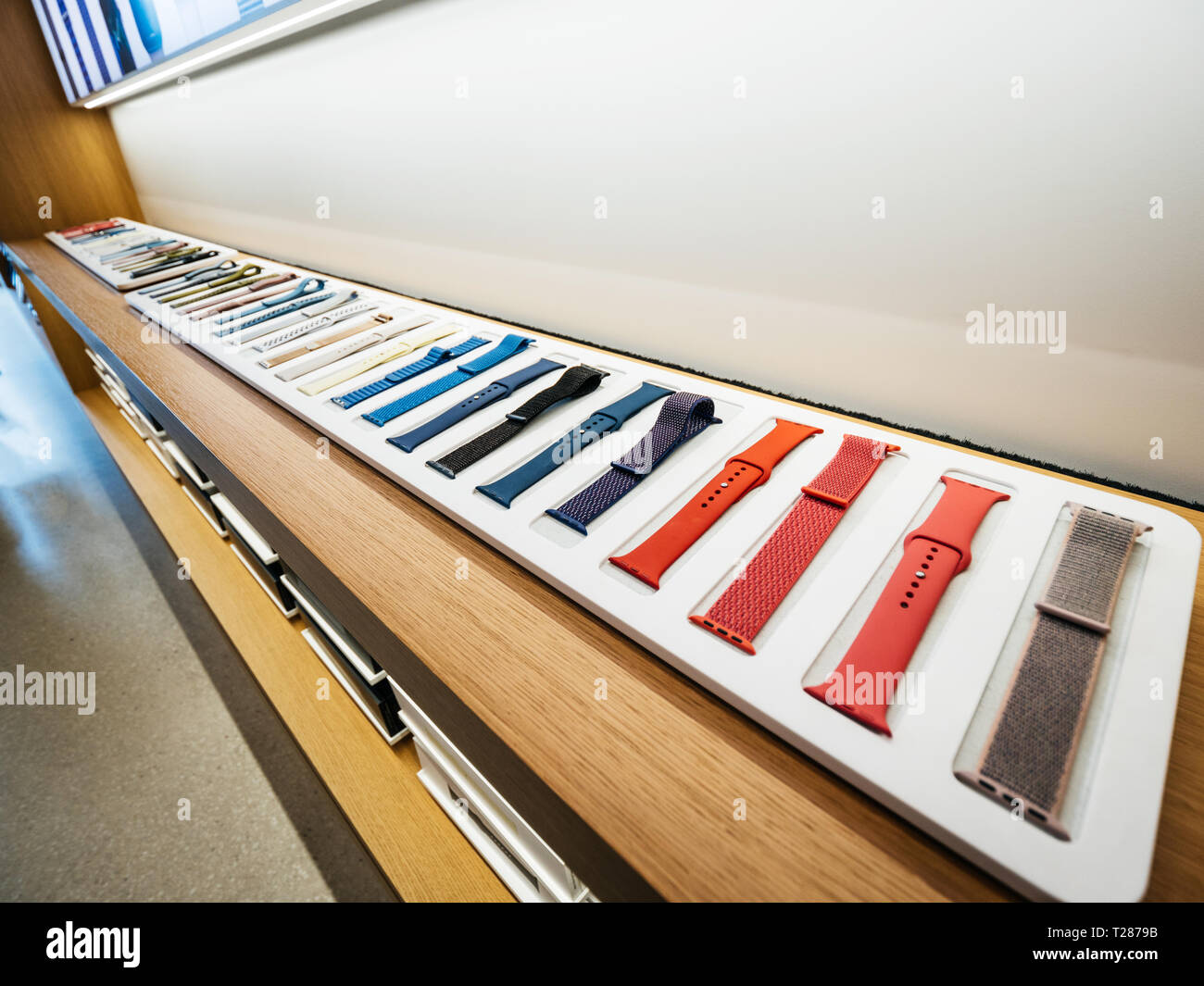 Paris, France - Mar 19 2019: Apple Watch bands collection products are ...