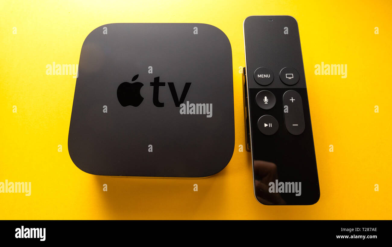 Paris, France - Nov 16, 2018: View from above at black Apple TV 4K ...