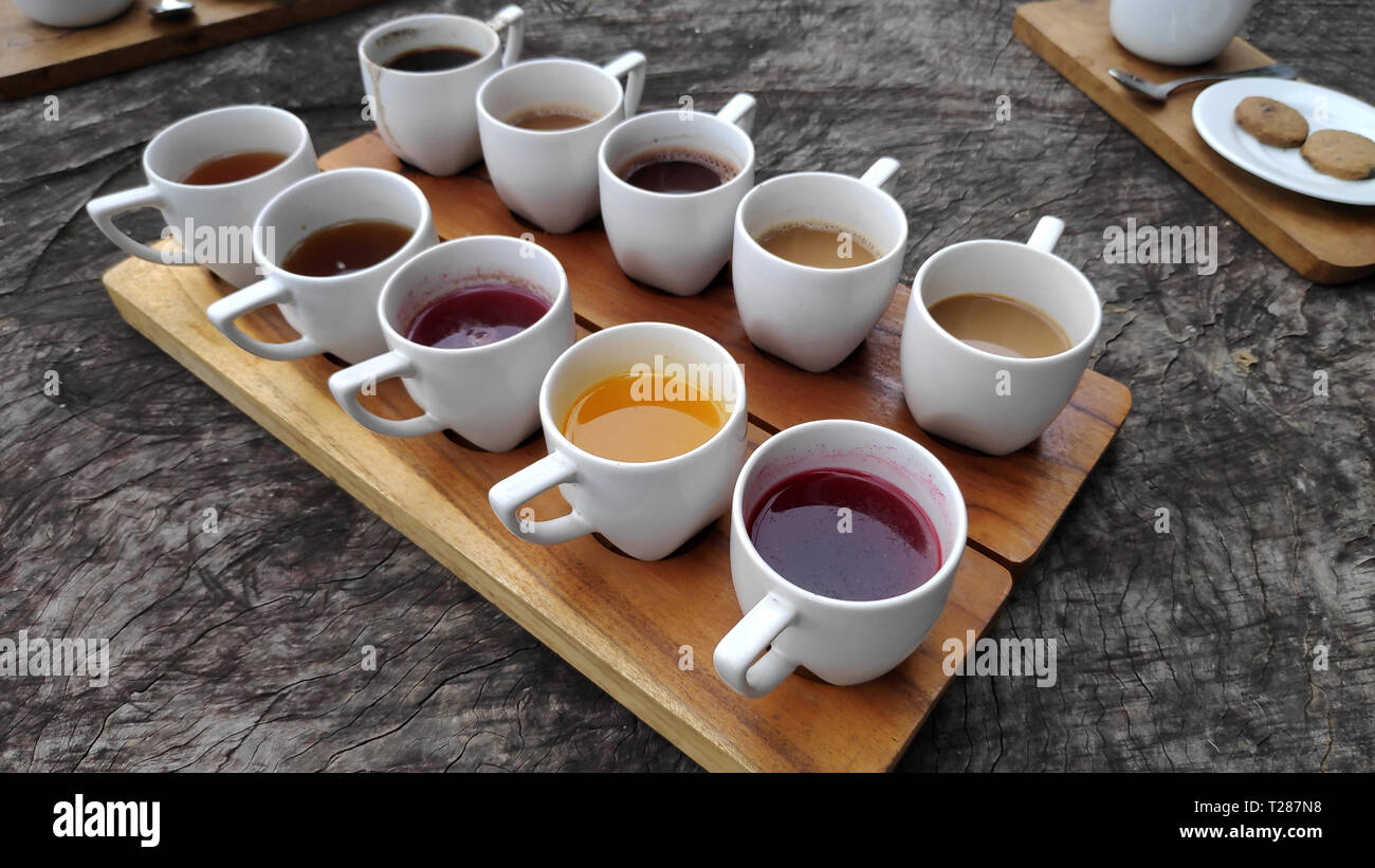 Coffee and tea testing on the wood table Bali, Indonesia Stock Photo ...