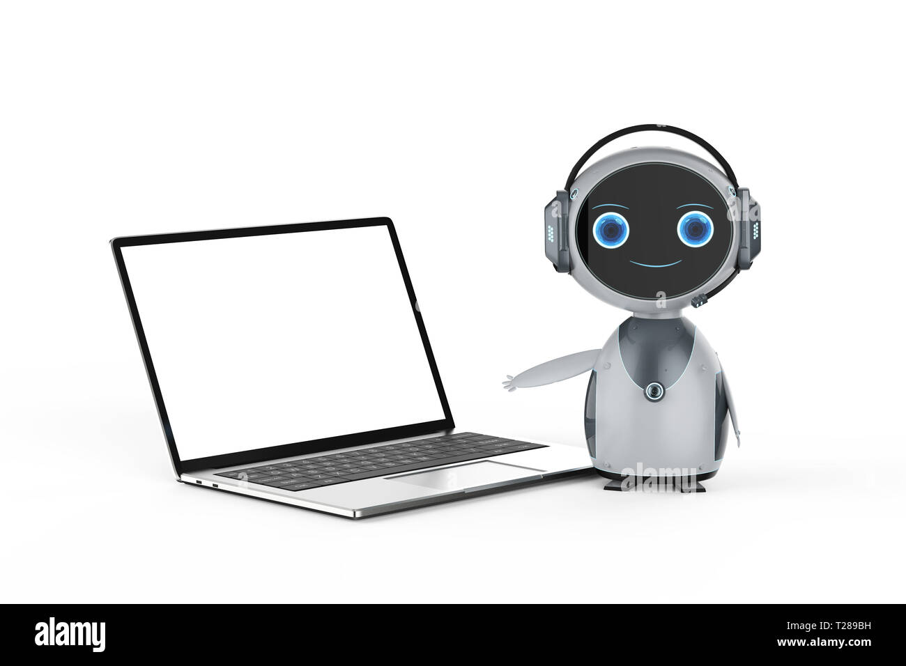 Automation customer service concept with 3d rendering humanoid robot working with headset and ...