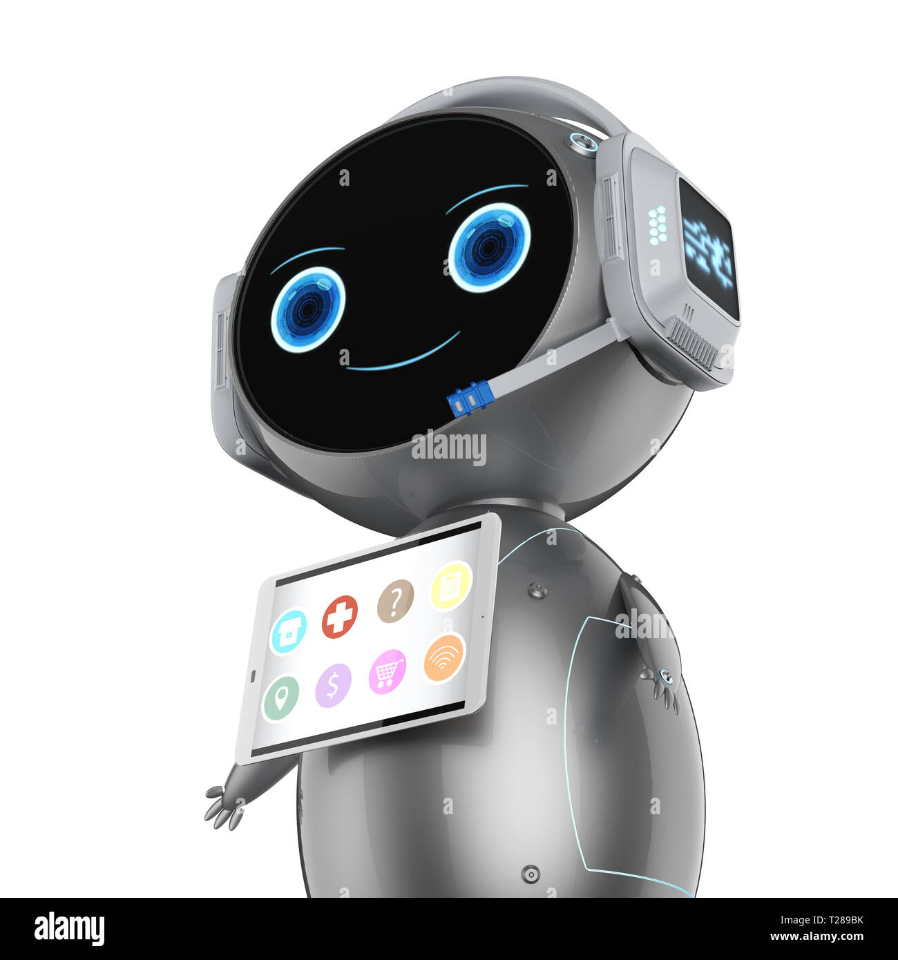 3d rendering cute assistant robot with tablet screen Stock Photo - Alamy