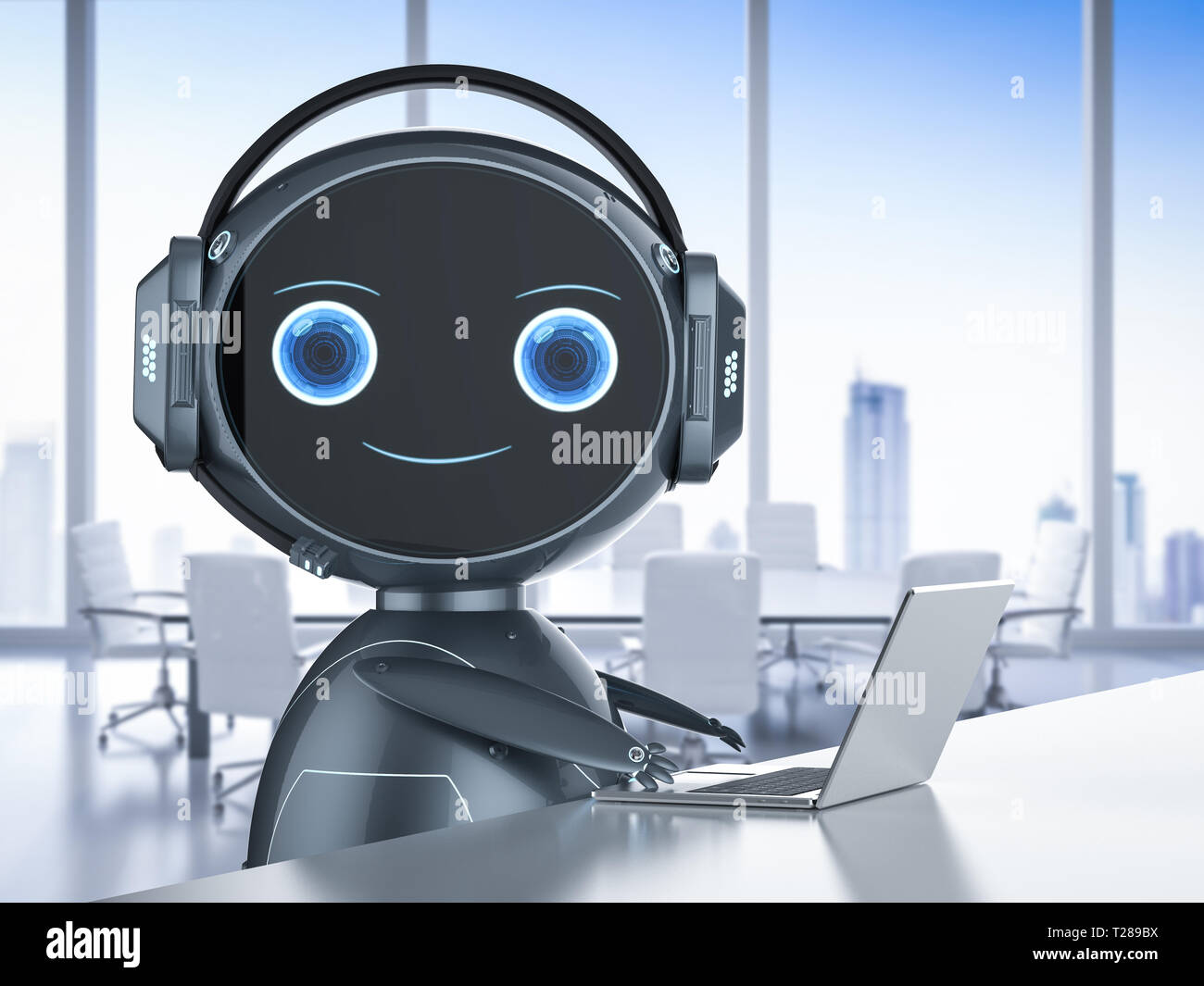 Automation customer service concept with 3d rendering humanoid robot working with headset and ...
