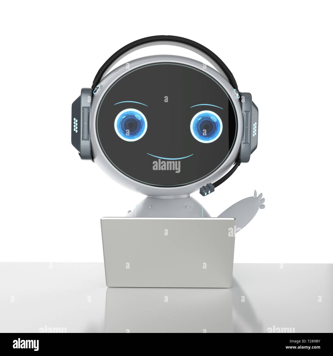 Automation customer service concept with 3d rendering humanoid robot working with headset and ...