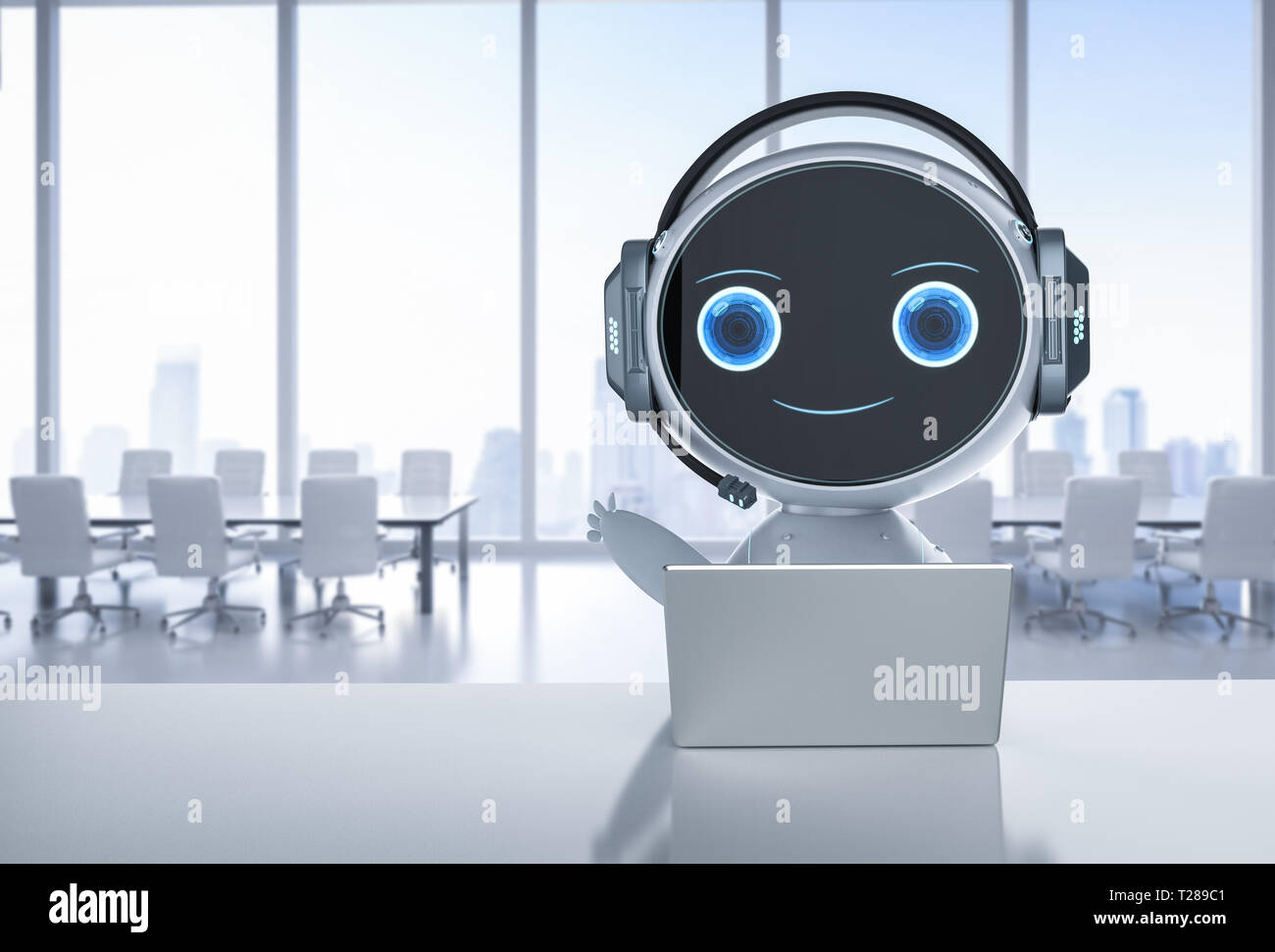 Automation customer service concept with 3d rendering humanoid robot working with headset and ...