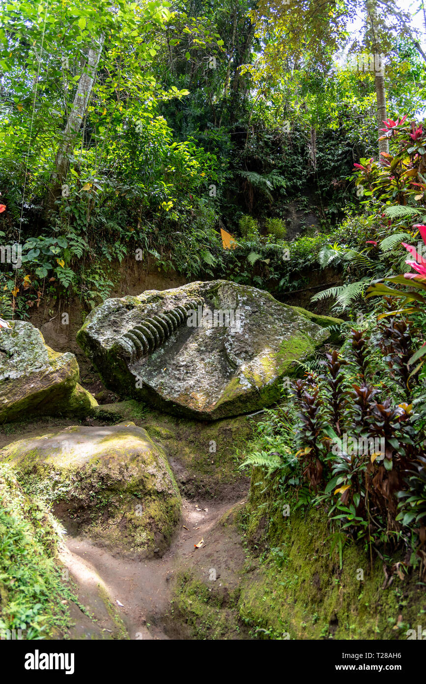 Ancient stone carvings at Goa Gajah Sanctuary Ubud, Bali, Indonesia ...