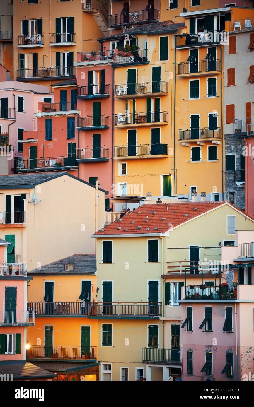 Abstract Italian style building closeup background in Manarola, Cinque ...