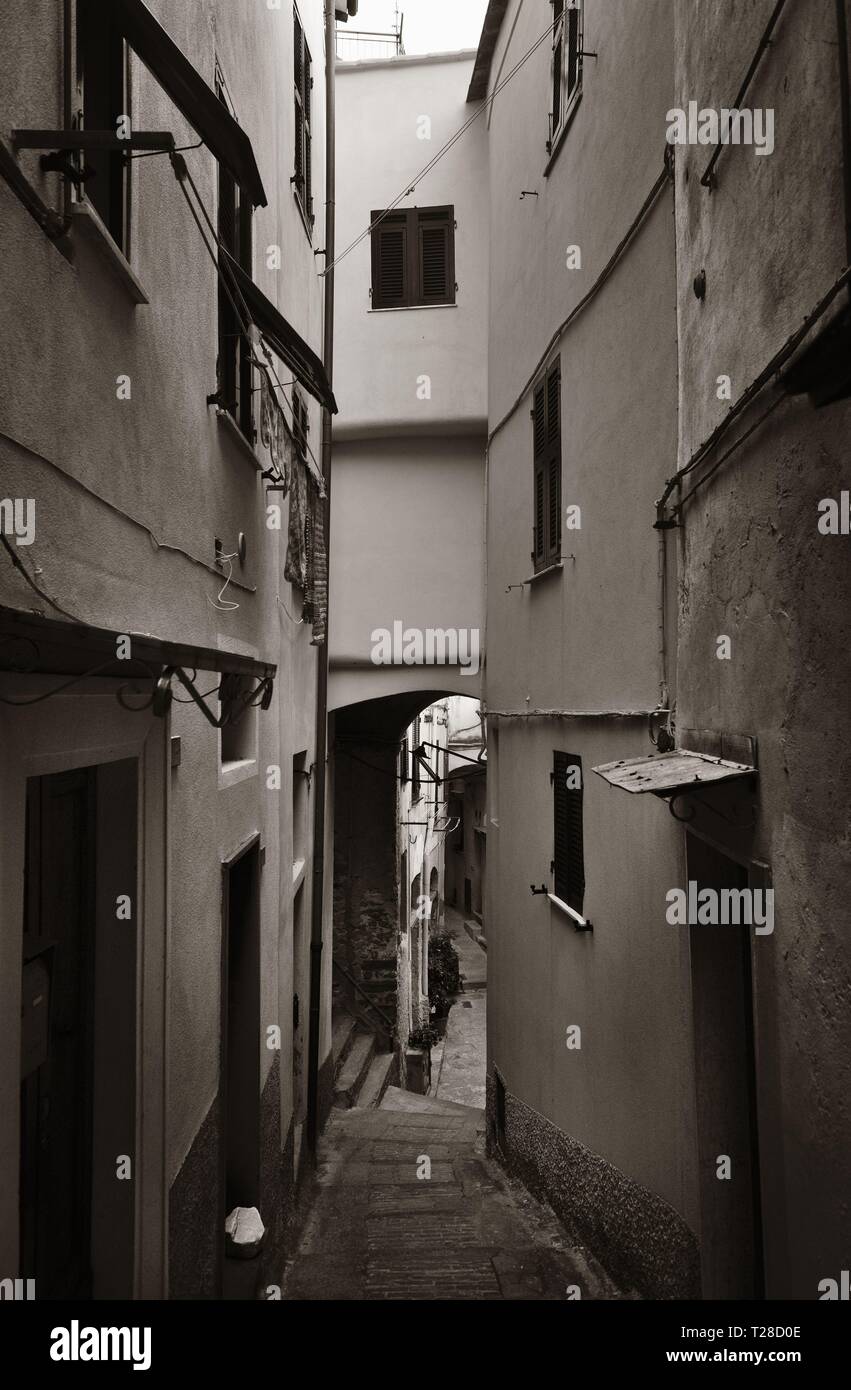 Alley buildings closeup in Vernazza, one of the five villages in Cinque ...