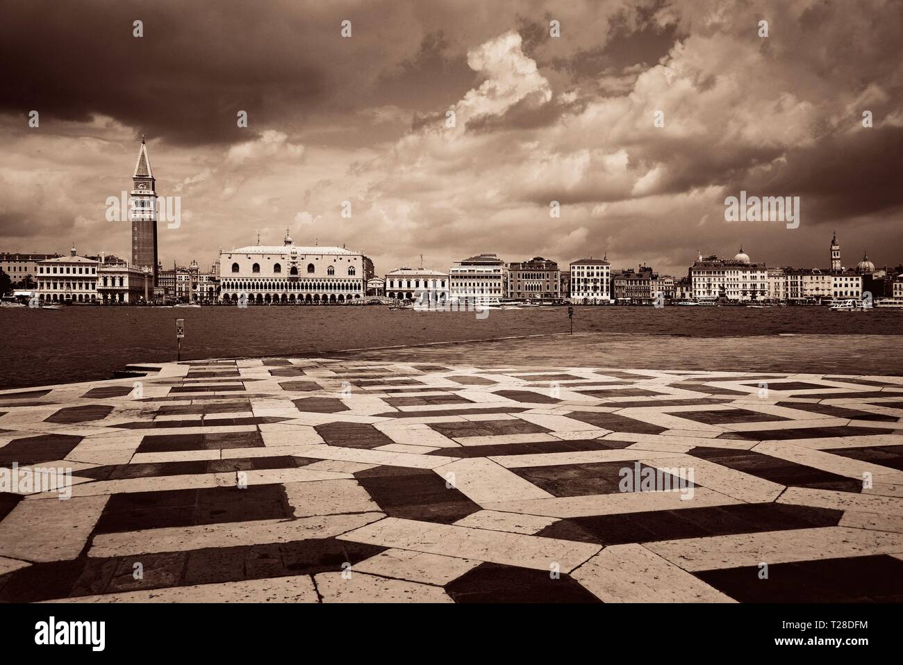 City skyline of Venice and ground pattern viewed from waterfront in ...