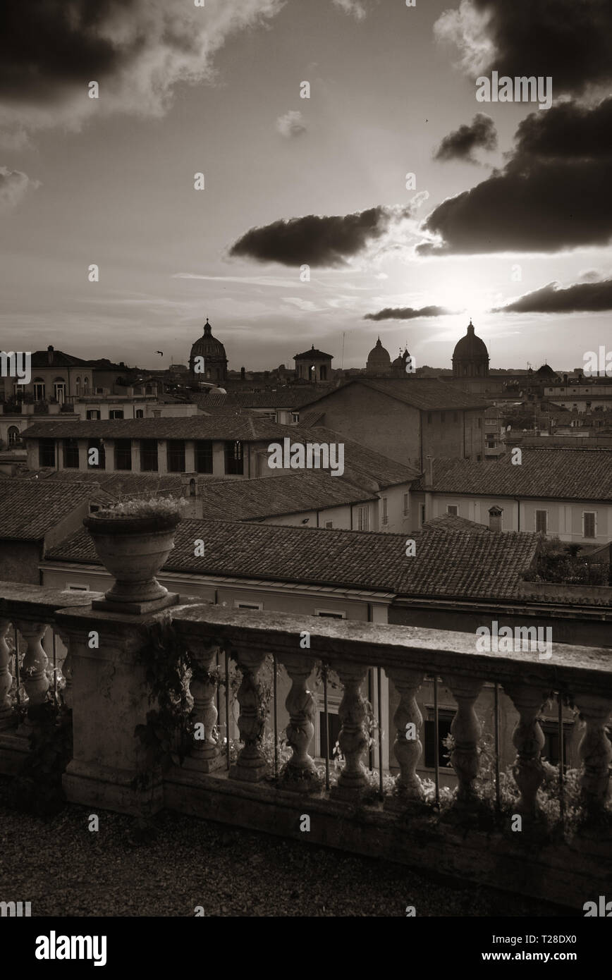 Rome rooftop view with ancient architecture in Italy black and white ...
