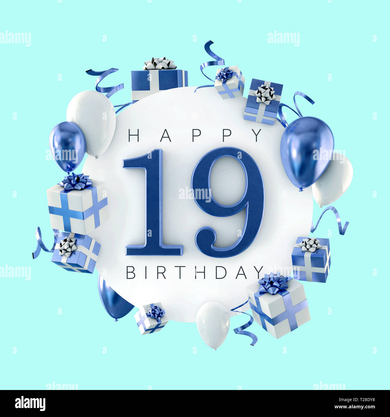 Happy 19th birthday party composition with balloons and presents. 3D ...