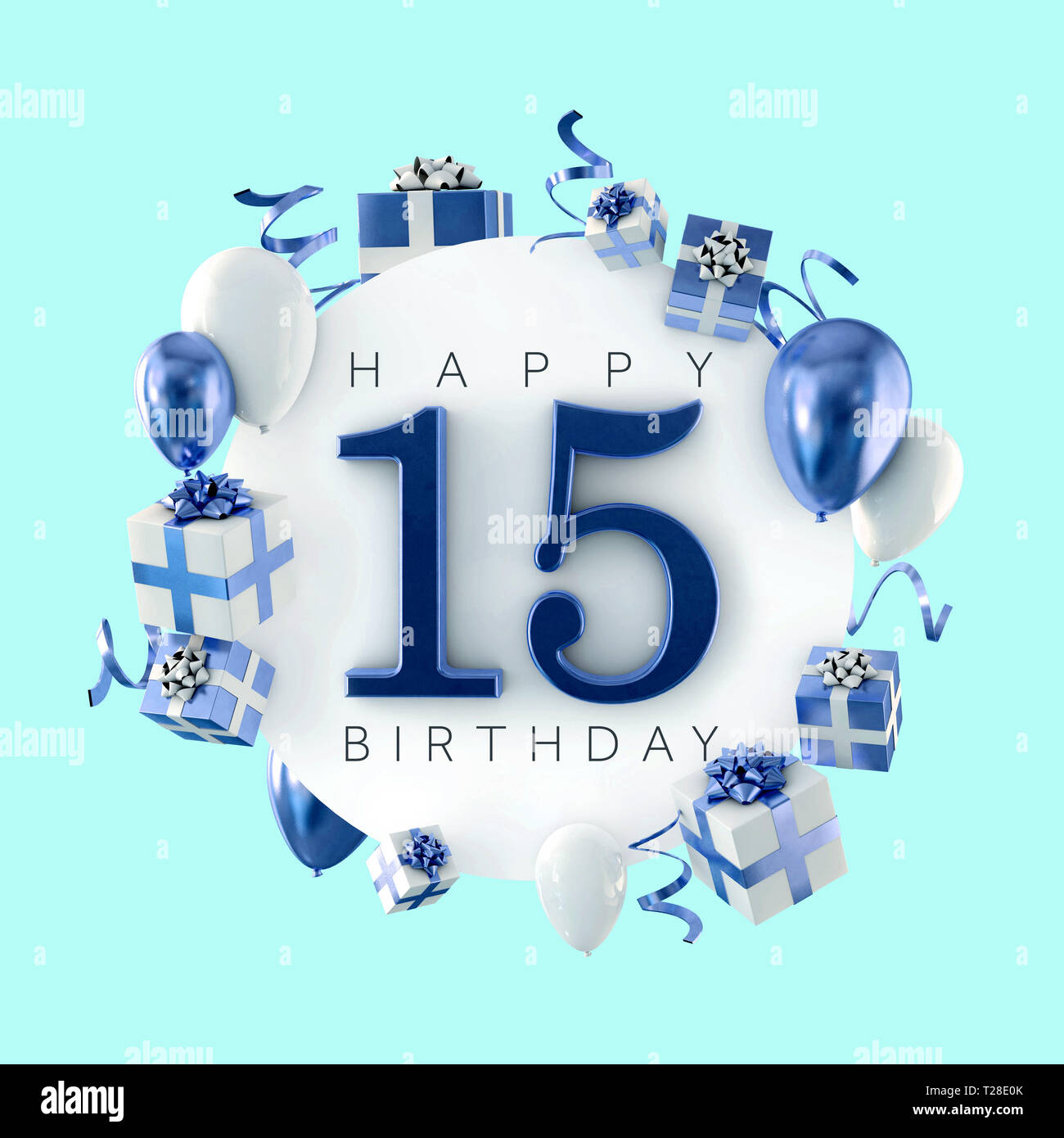 Happy 15th birthday party composition with balloons and presents. 3D ...