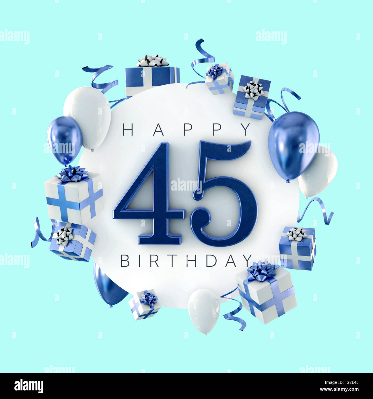 Happy 45th birthday party composition with balloons and presents. 3D ...