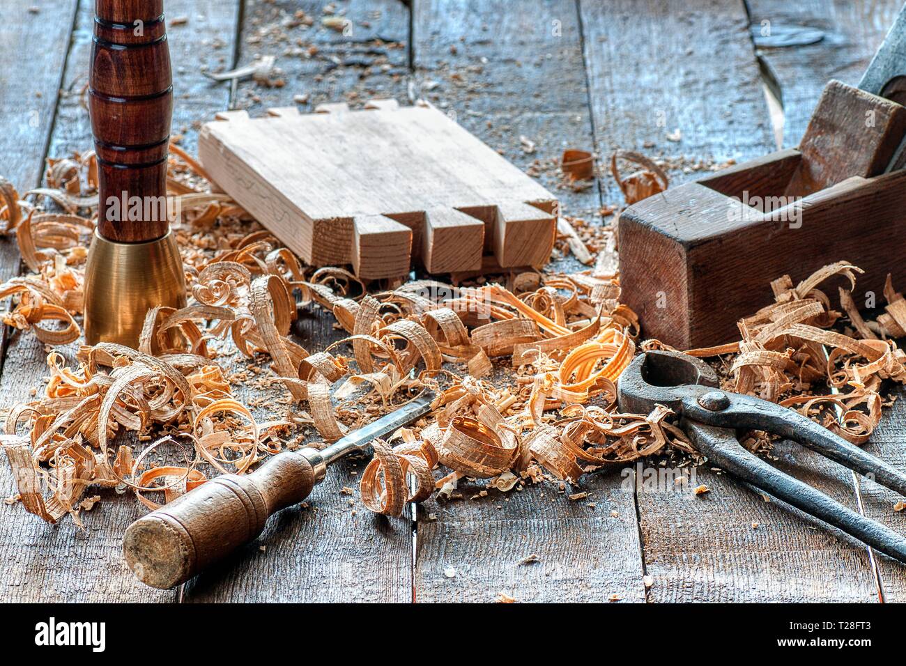 Carpenter tools on a work bench carpentry Stock Photo - Alamy