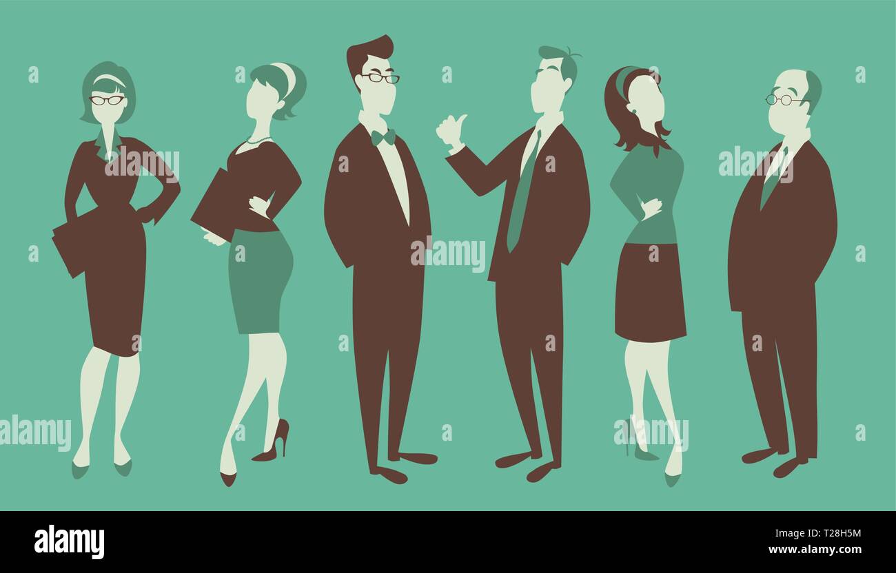 Team of three men and three women in business isolated on green ...