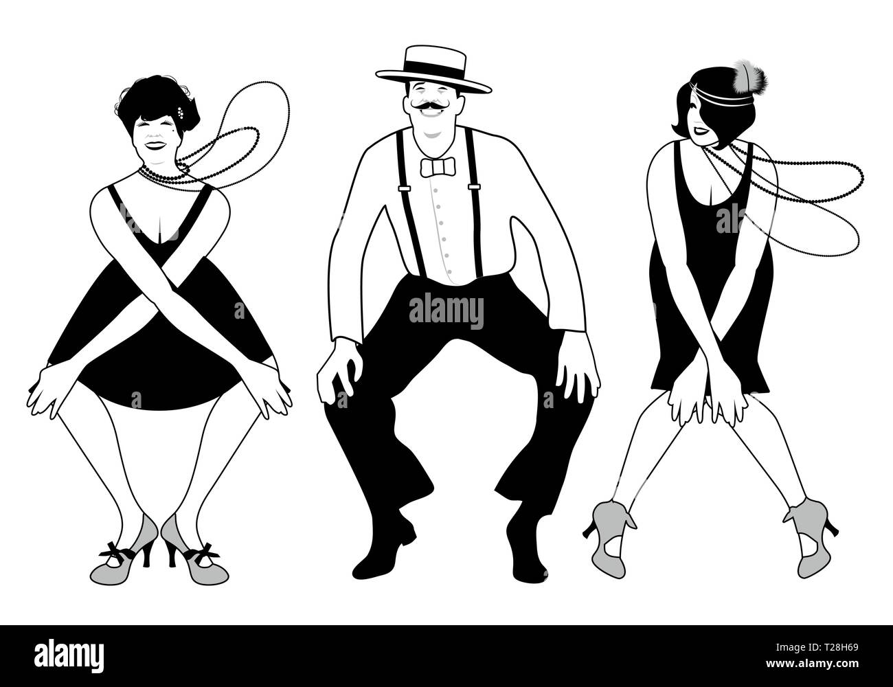 Two flapper girls and one man dancing Charleston. Vector Illustration ...