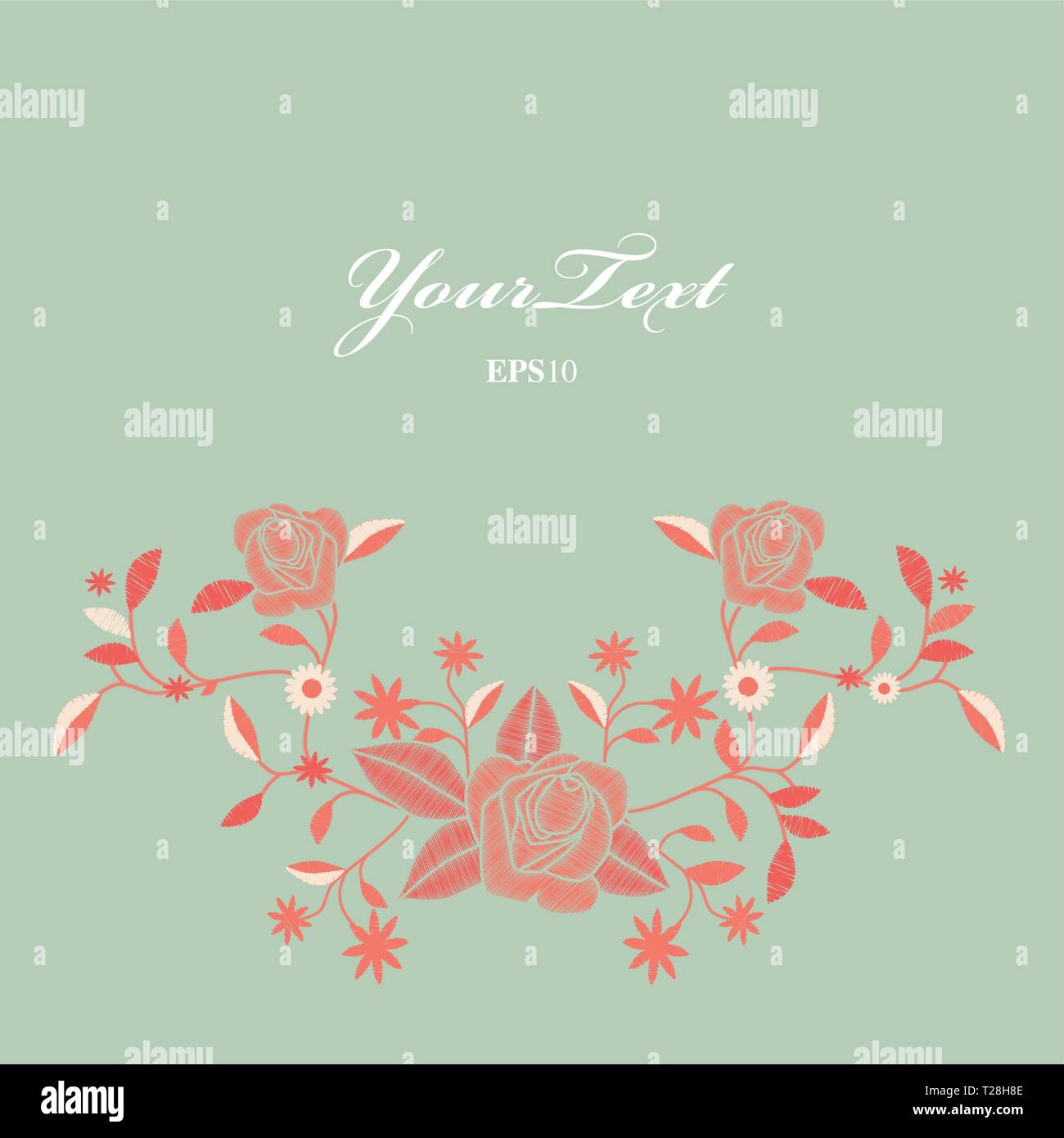 Embroidered flowers on green background. Vintage style. Space for text ...