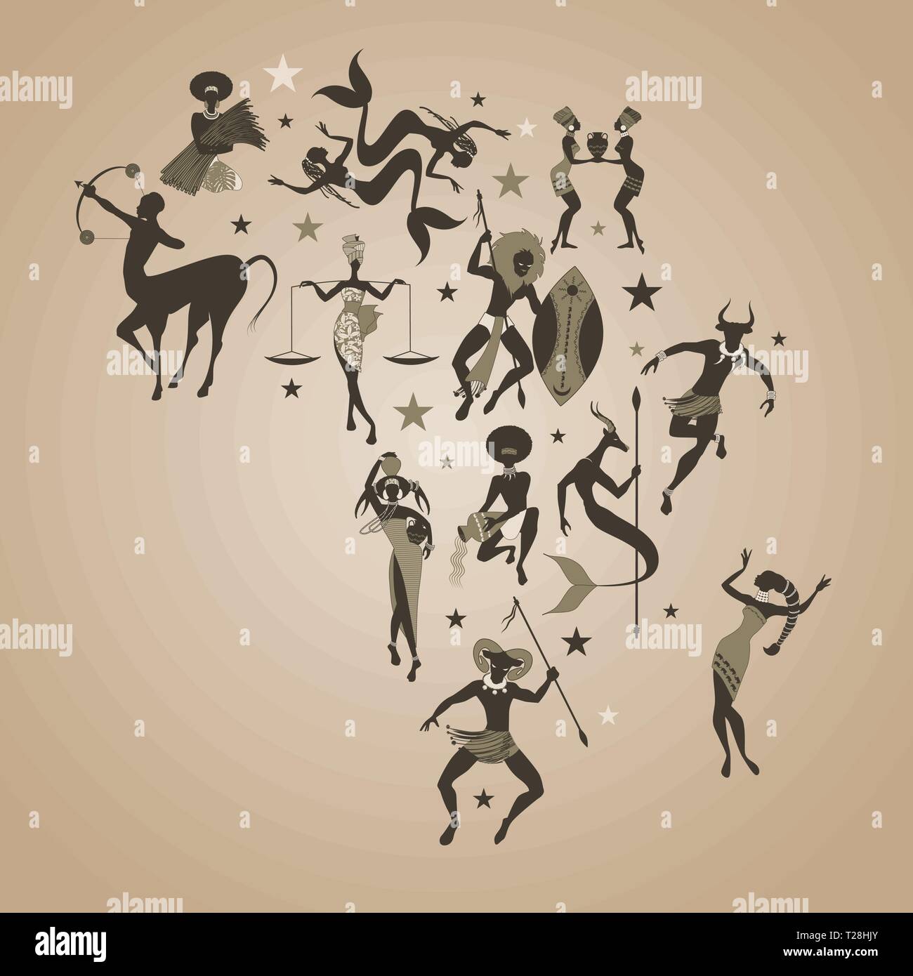 Zodiac map of Africa. Signs of the zodiac African or tribal style ...