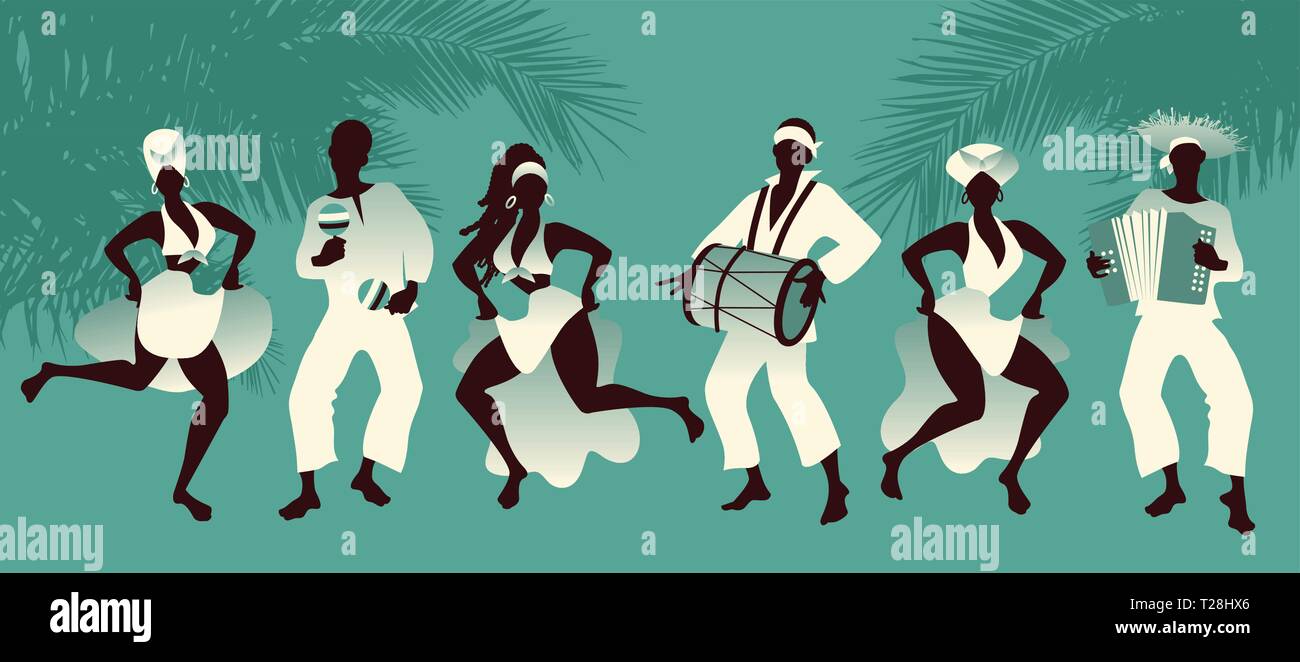 Group of men and women dancing and playing latin music on tropical ...