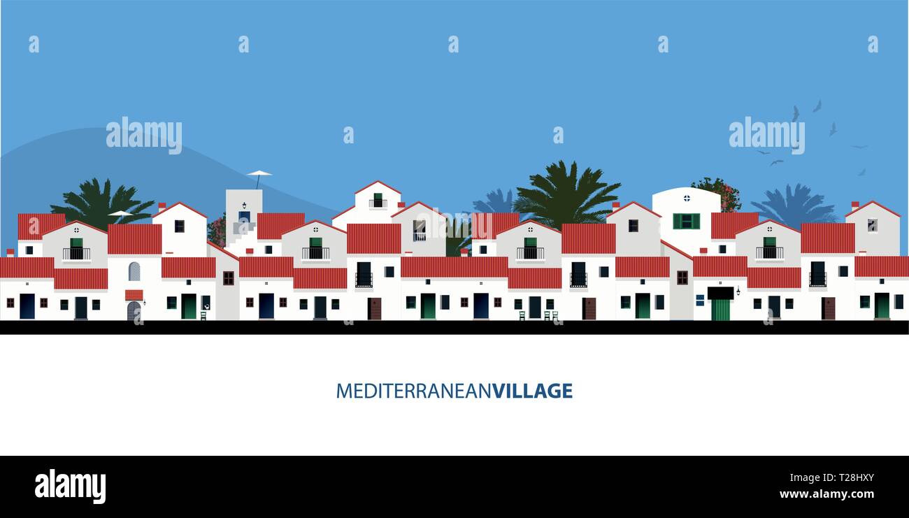 Mediterranean Spanish houses, palms, birds and blue sky bakground ...