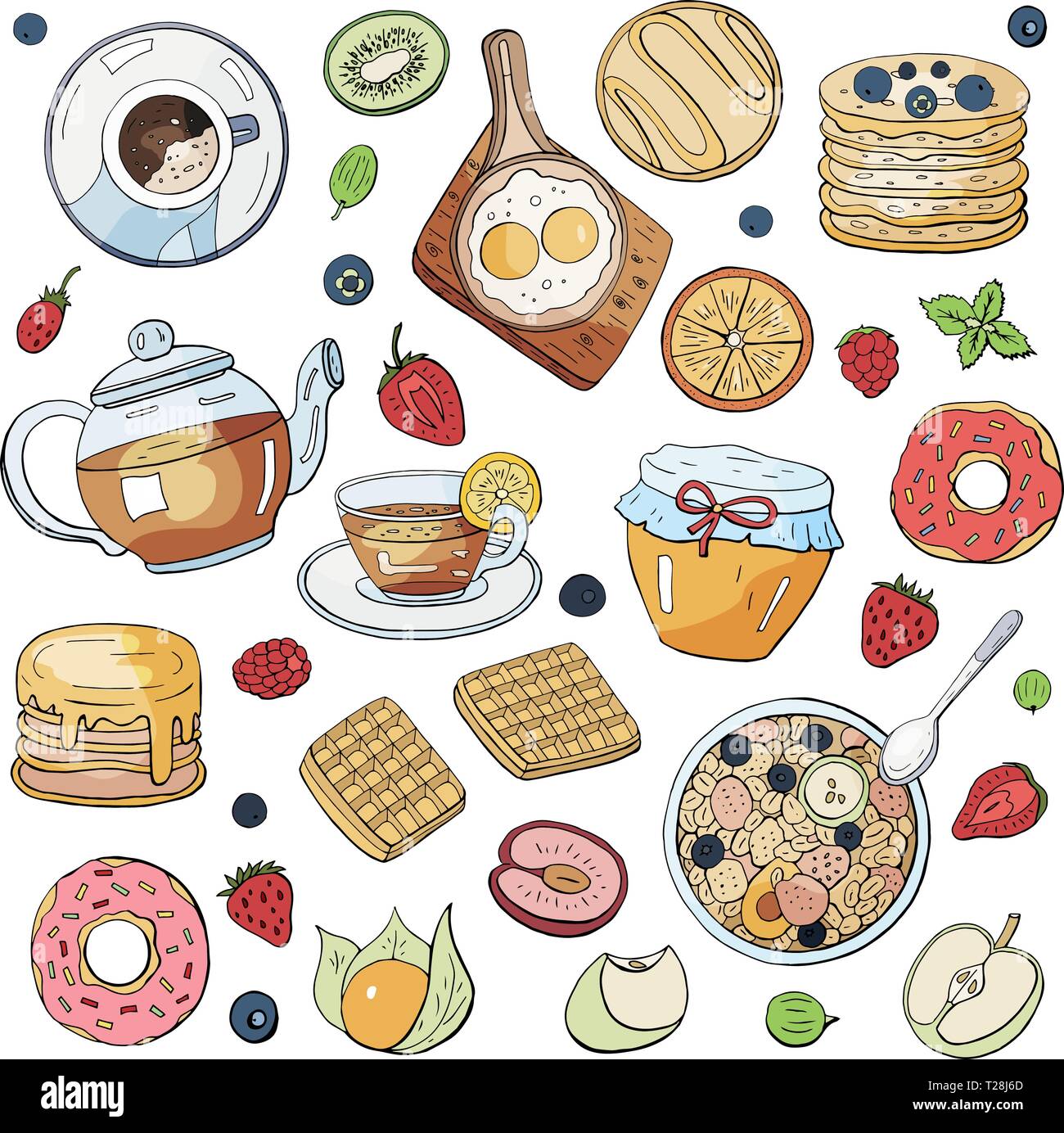 Set of morning breakfast elements isolated on white background. Tea ...