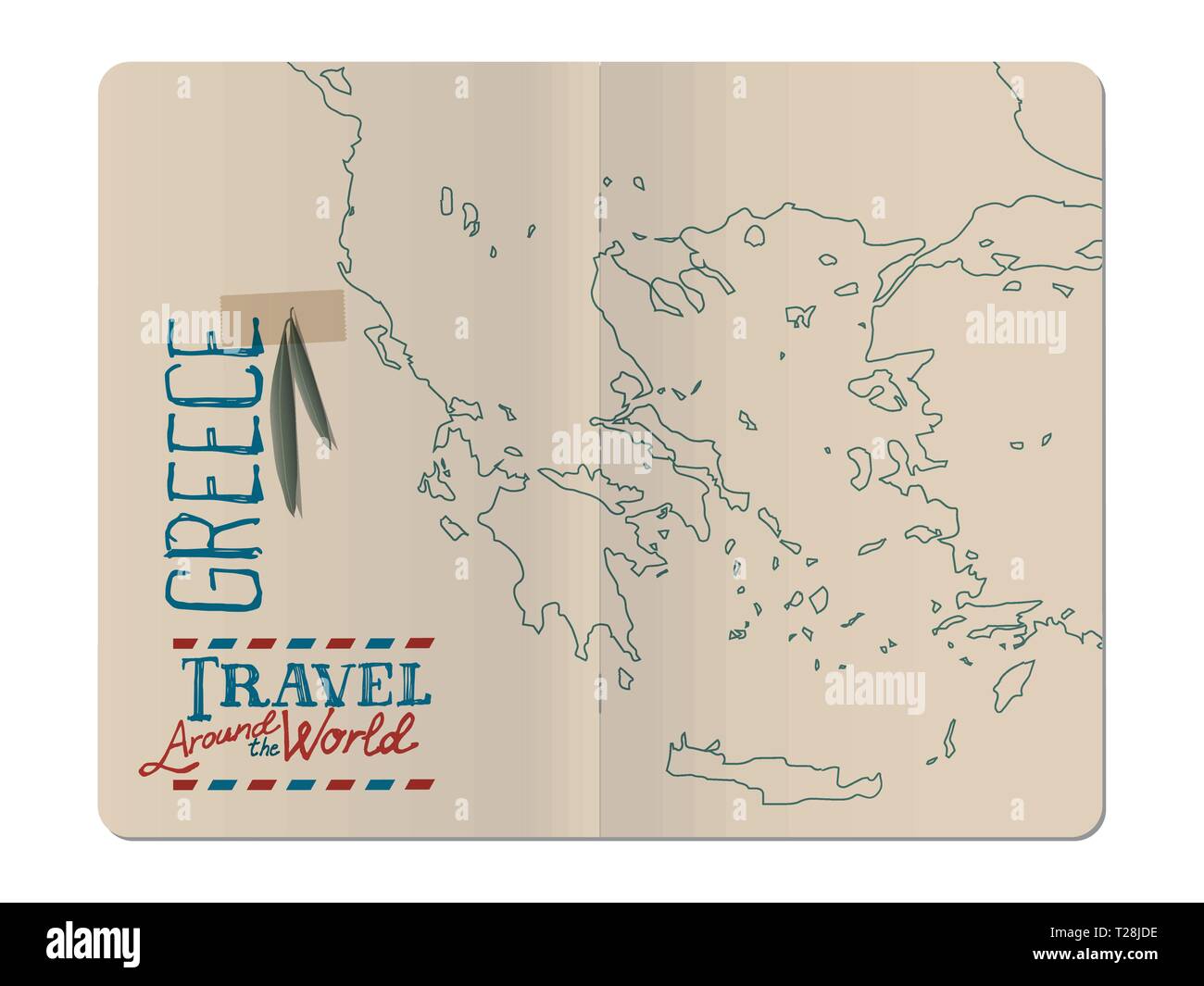 Map of Greece drawn by hand in an open stapled travel notebook and ...
