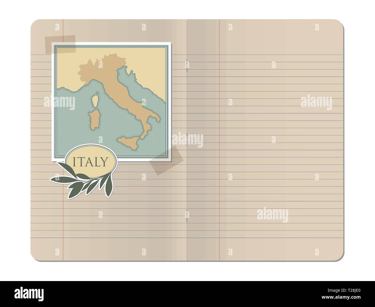 Blank stapled lines notebook with map of Italy and masking tape ...