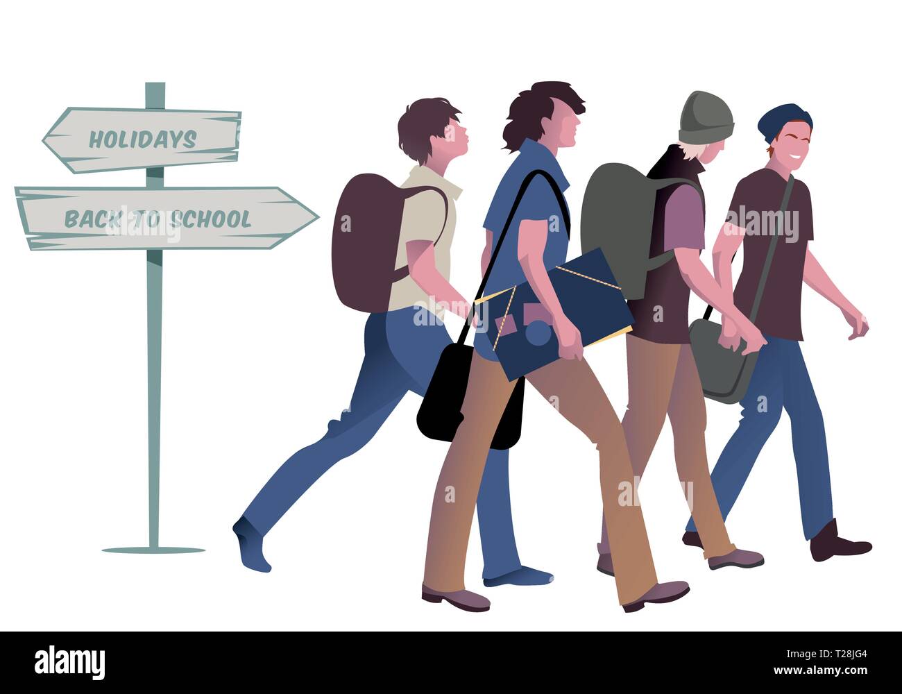 Four teenage boys going back to school. Direction sign pointing ...