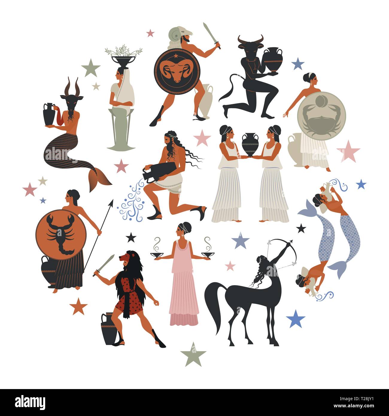 Zodiac signs style mythology of Ancient Greece inscribed in a circle ...