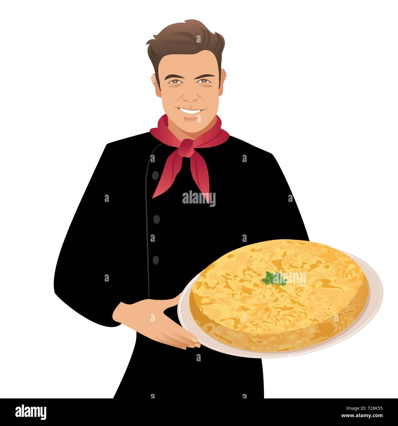 Handsome Spanish chef holding a plate of typical Spanish potato ...