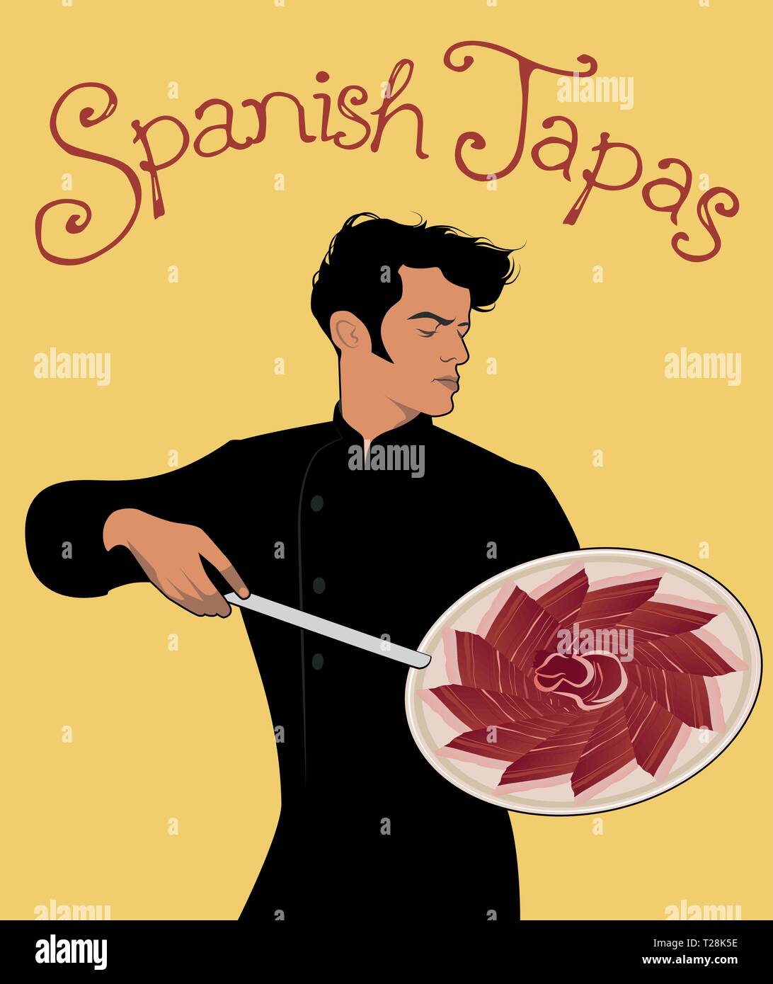 Spanish Tapas. Handsome Spanish chef holding a knife and showing a ...