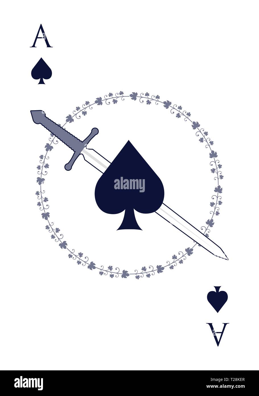 Ace of spades crossed with a sword, surrounded by a garland of leaves ...