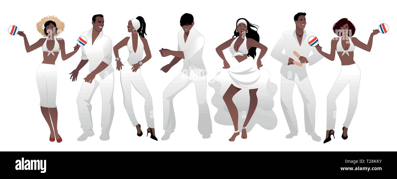 Salsa Party Time. Group of three men and four women dancing latin music ...