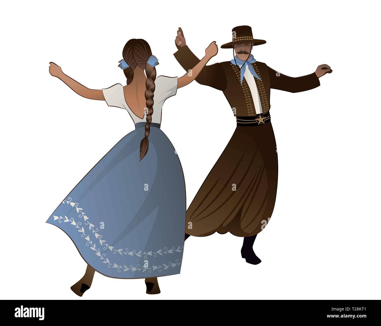 Gaucho with mustache and hat and woman with braids dancing typical ...