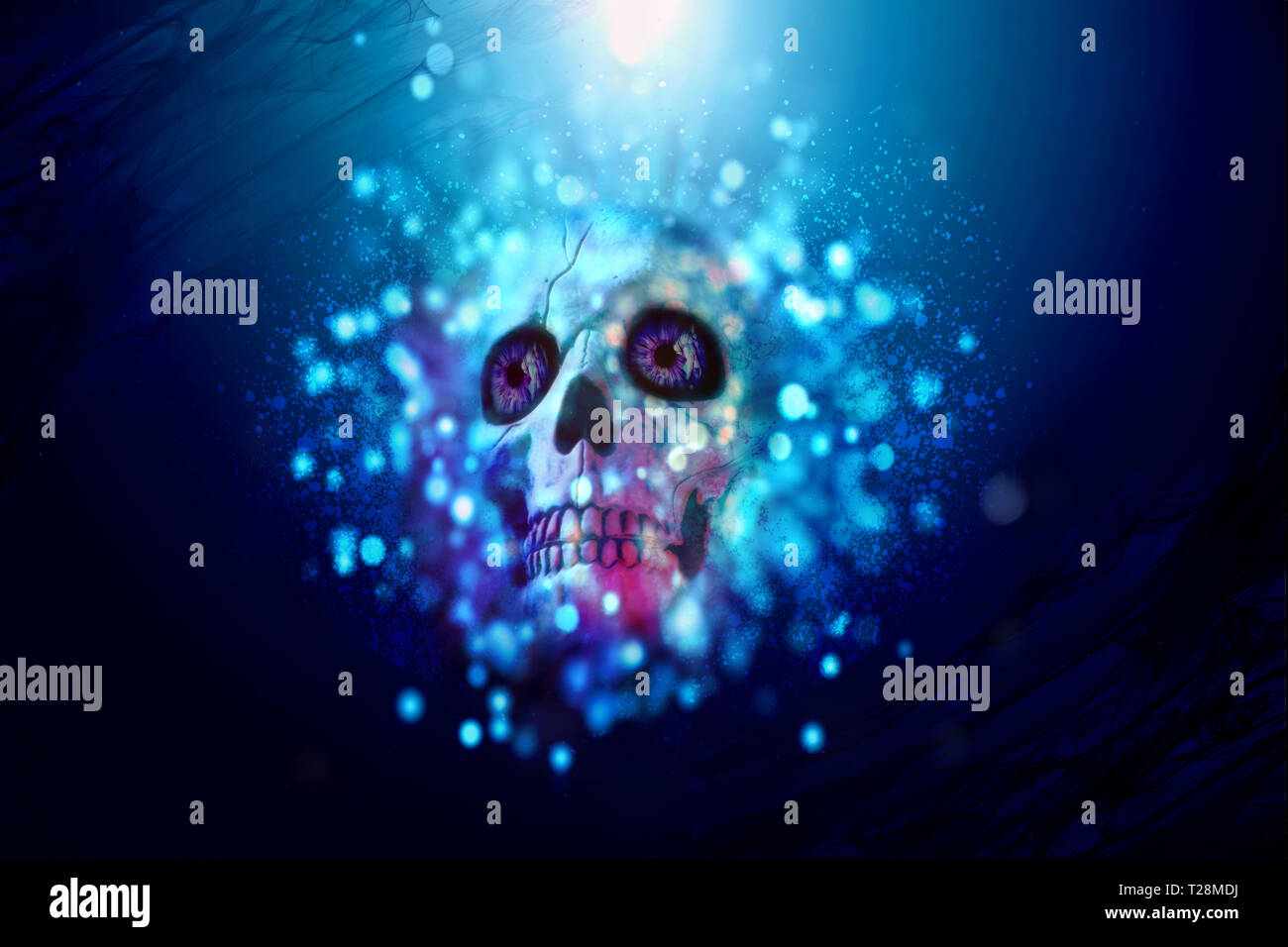 Drowning abstract multicolored scared skull at the bottom of the ocean ...