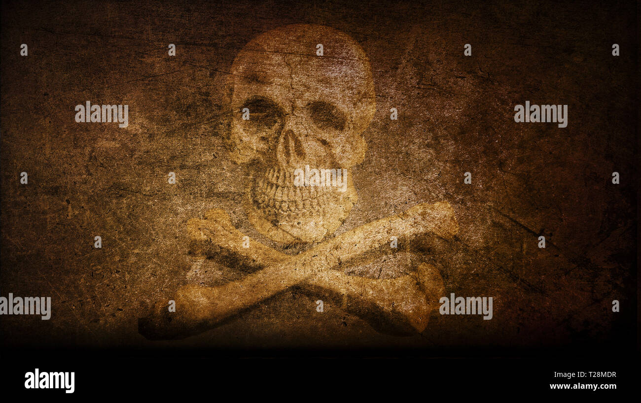 Abstract painted death skull with two x-marked bones on a vintage wall ...