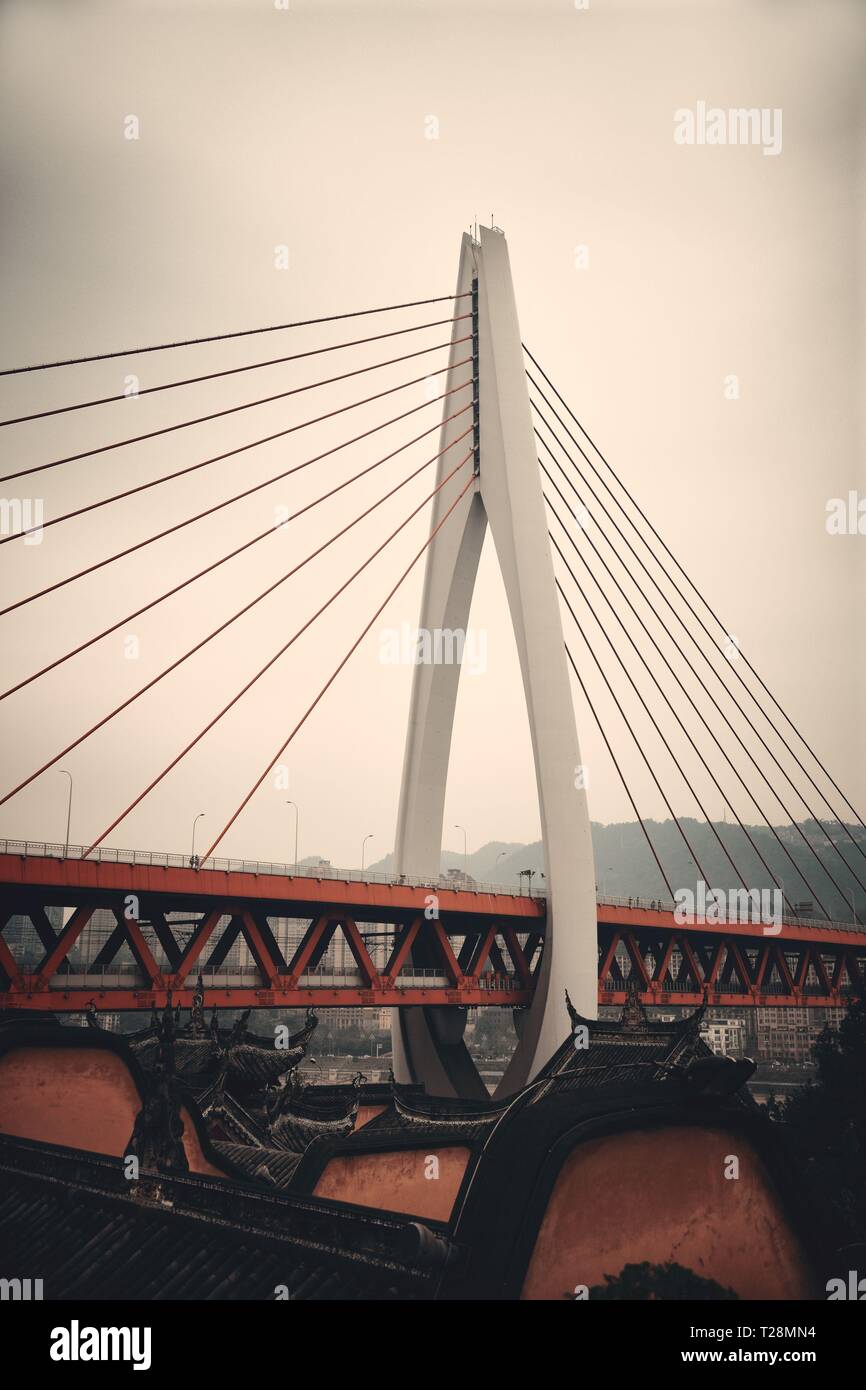 Bridge with old house and city urban architecture in Chongqing, China ...