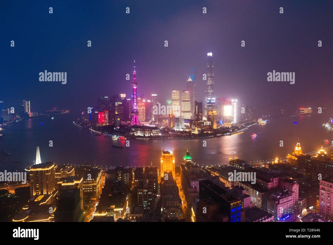 Shanghai aerial night view from above with city skyline and skyscrapers ...