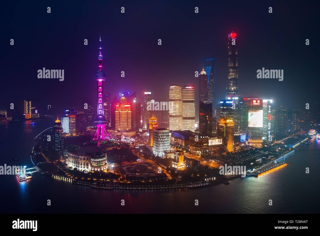 Shanghai aerial night view from above with city skyline and skyscrapers ...
