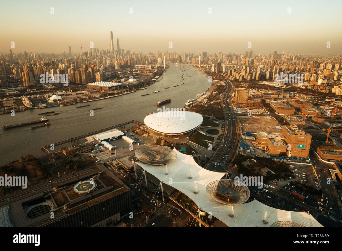 Shanghai Expo Park aerial view from above with city skyline and ...