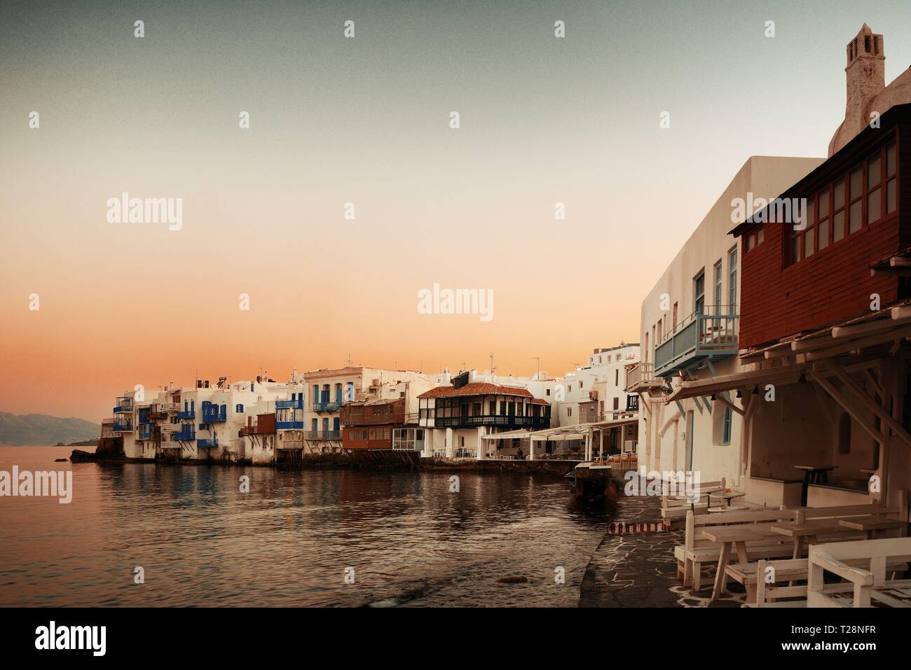 Little Venice and traditional Greek architecture at sunset in Mykonos ...