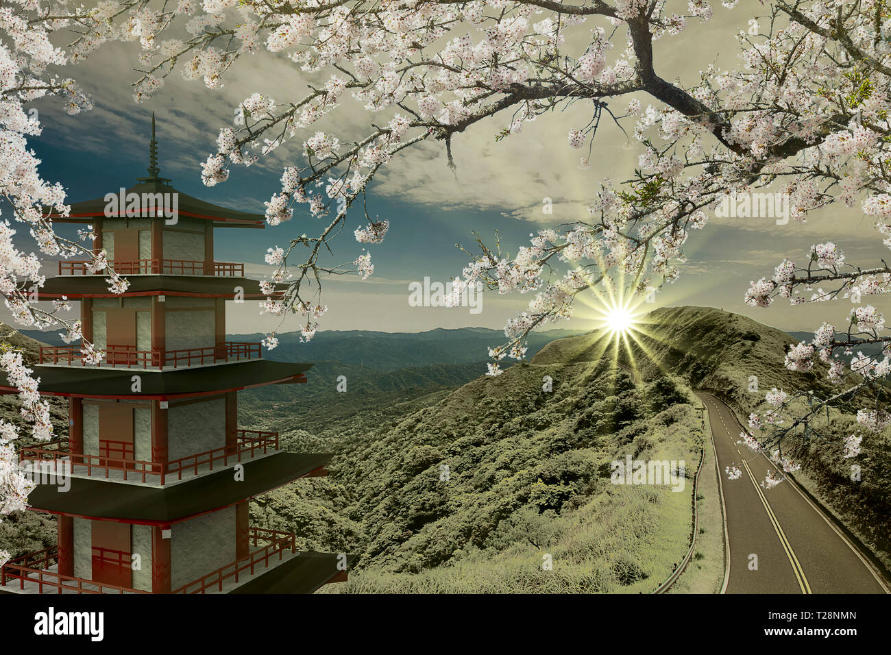 The 3d rendering of imaging temple with the road along the mountain ...