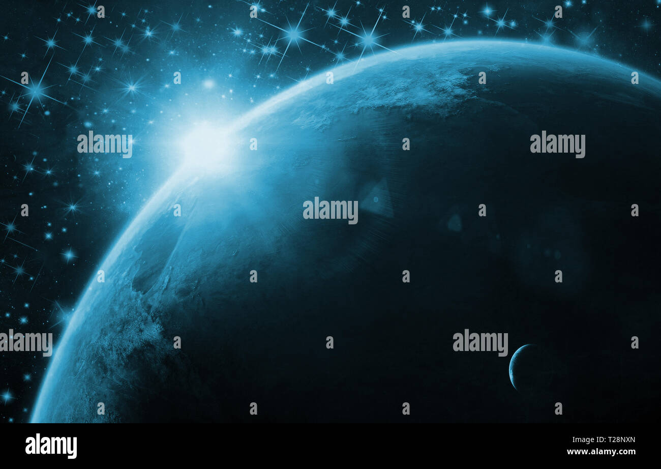 Abstract artistic cyan planet in a bright galaxy background Stock Photo ...