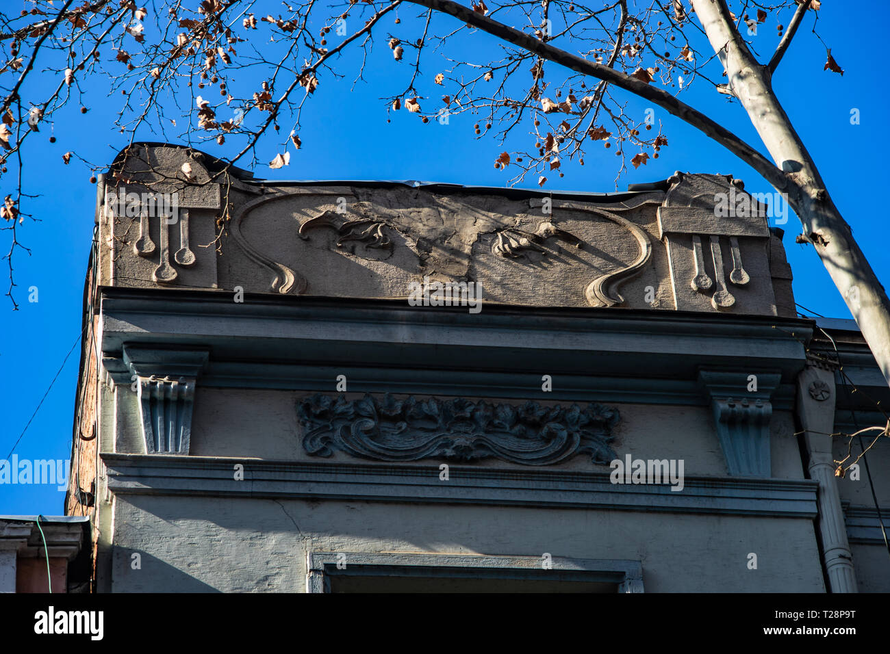 Exterior detail of facades in Sololaki area in Tbilisi, architecture of ...