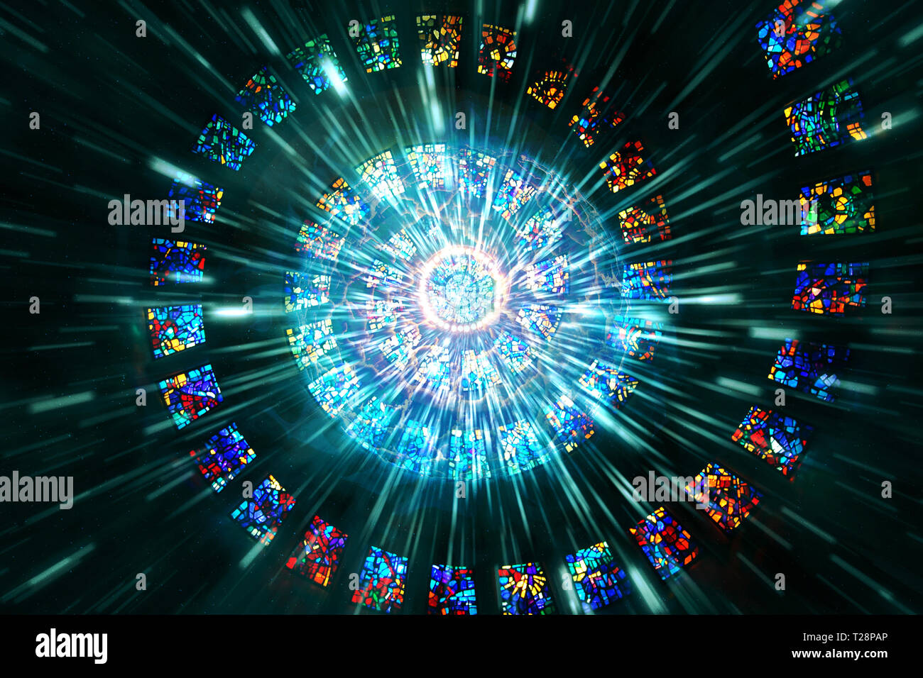 Artistic abstract dramatic spiral artwork shapes on a multicolored ...