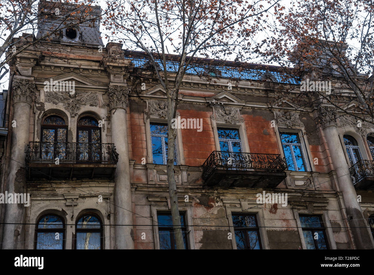 Exterior detail of facades in Sololaki area in Tbilisi, architecture of ...