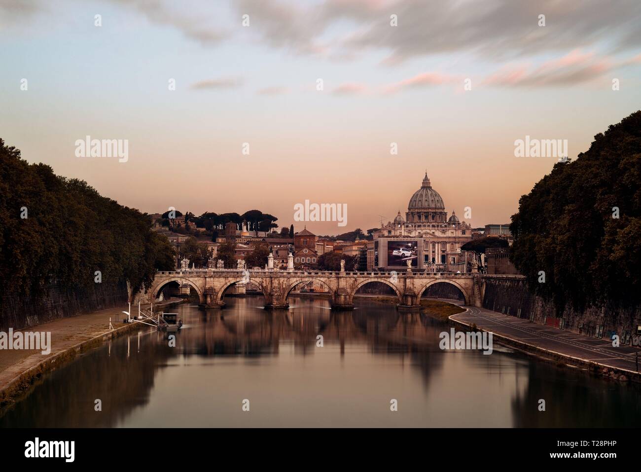 River Tiber in Rome with Vatican City St Peters Basilica and Ponte Sant ...