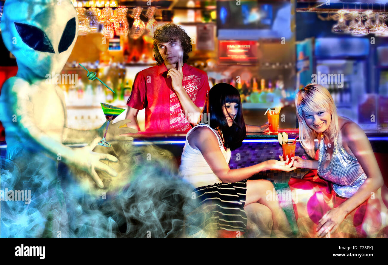 Alien in a bar with a girls on a alkohol background Stock Photo - Alamy