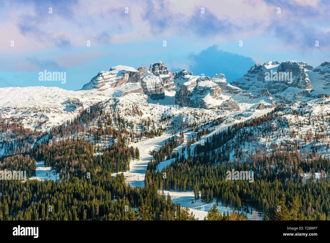 Beautiful winter Alpine landscape. Snow and mountain peaks. Ski slopes ...